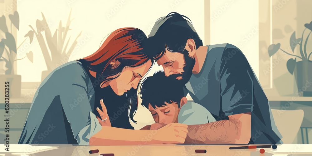 A family destroyed by addiction, parents huddled over a table, trying ...