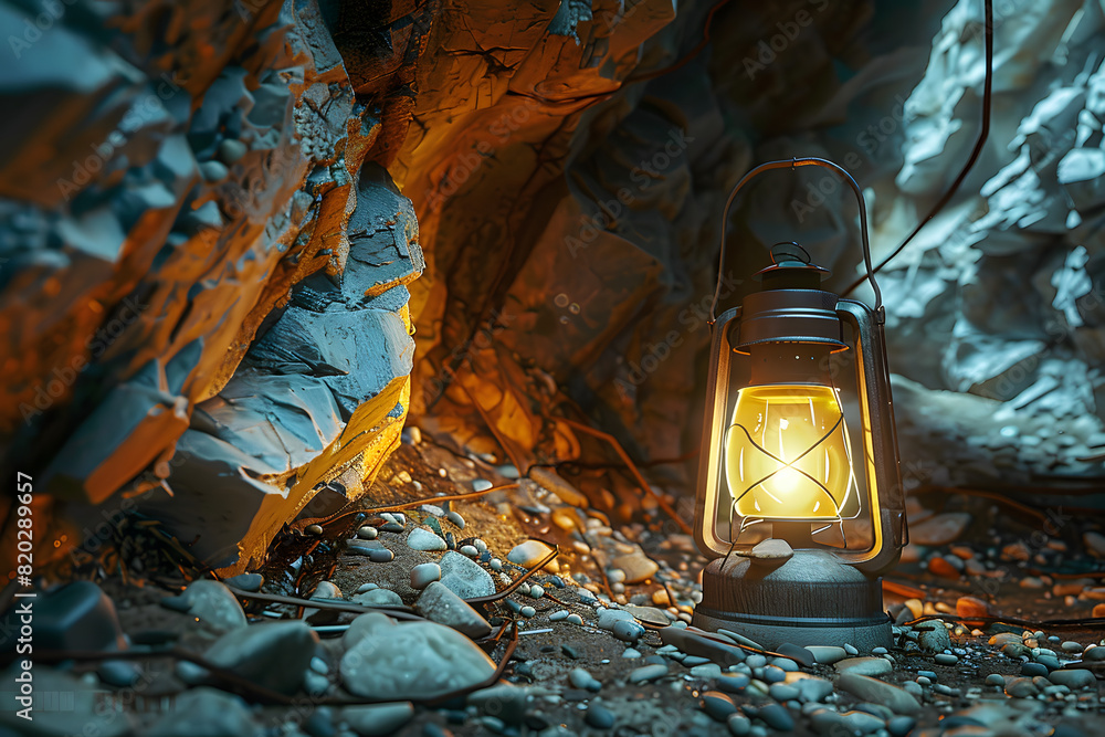 An old-fashioned lantern emitting warm light is placed on the ground ...
