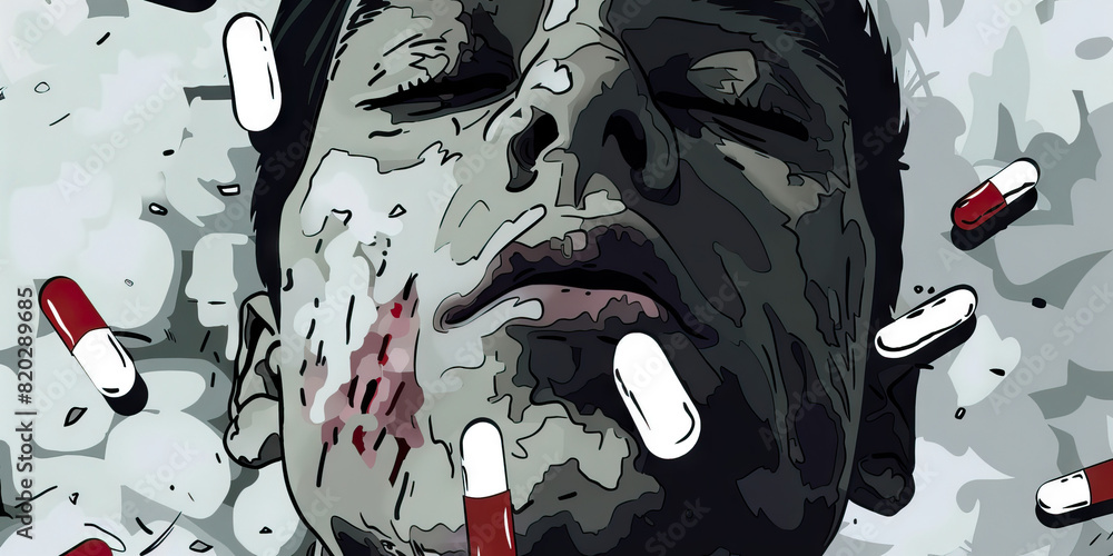 Harsh reality A young man struggle with drug addiction. Sores and drugs ...