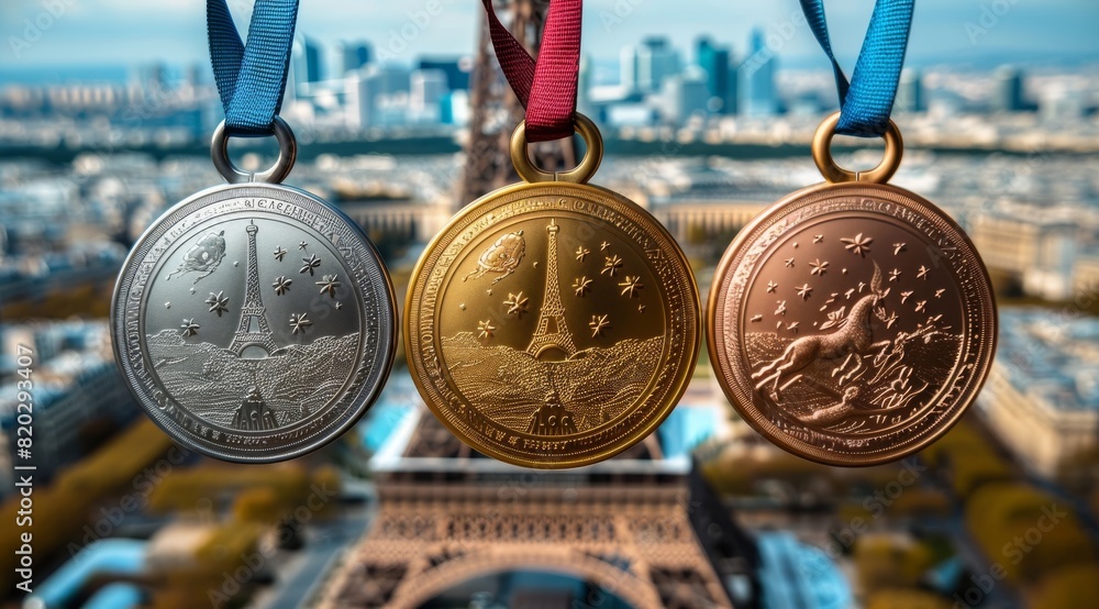 Set of Olympic gold, silver, and bronze medals over scenic Paris ...