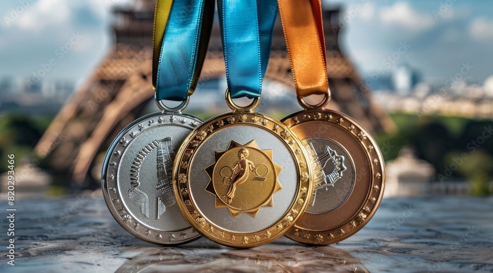 Set of Olympic gold, silver, and bronze medals displayed with the ...