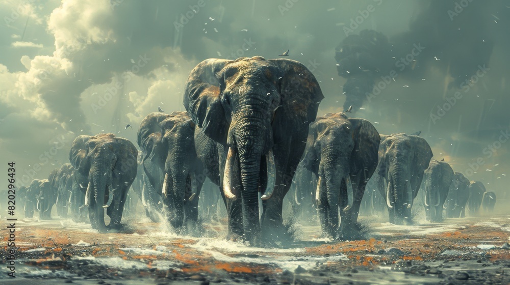 animal unity symbols, a group of elephants moving in unison, a strong ...