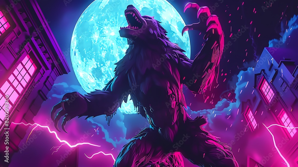 A fearsome werewolf roars under a bright full moon, with glowing pink ...