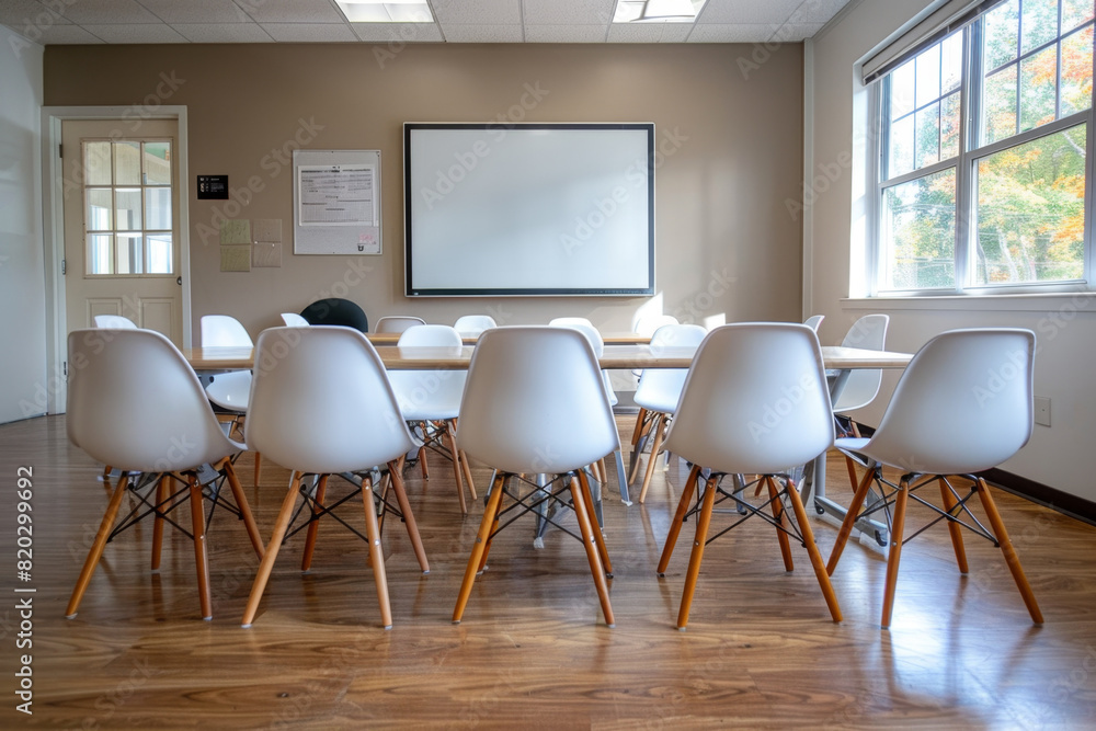 image of group therapy setting with chairs in circle, whiteboard, and ...