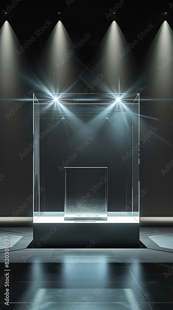 Glass display case for the exhibition in the shape of a cube ...