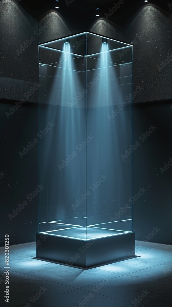 Glass display case for the exhibition in the shape of a cube ...