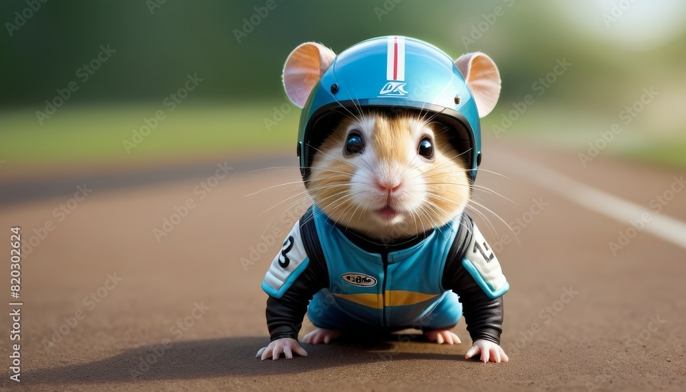 Cute hamster wearing a racing helmet and suit, poised on a road ...