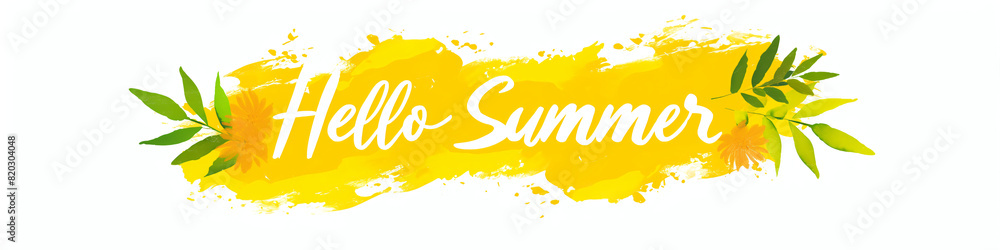 Hello summer white text on watercolor yellow background. Calligraphy ...