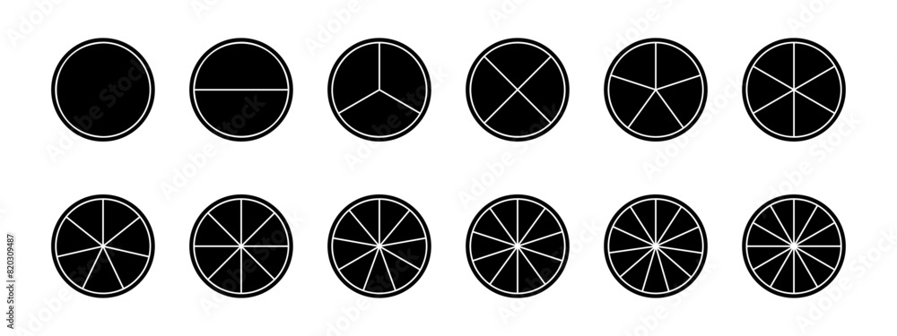 Vektorová grafika „Black circles divided into fractions from 1 to 12 ...