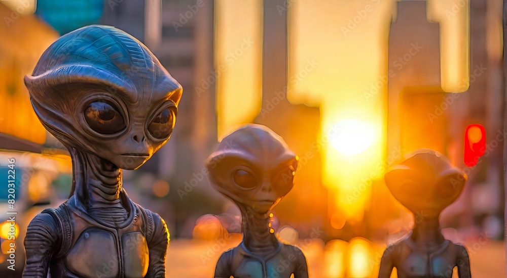 Group of aliens at sunset in a city. Extraterrestrial beings in an ...