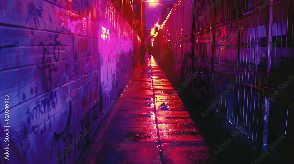 Moody alleyway illuminated with vibrant purple and pink neon lights, creating an urban and ...