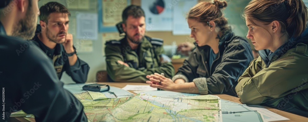 Team of bomb disposal experts discussing a plan, showcasing teamwork ...