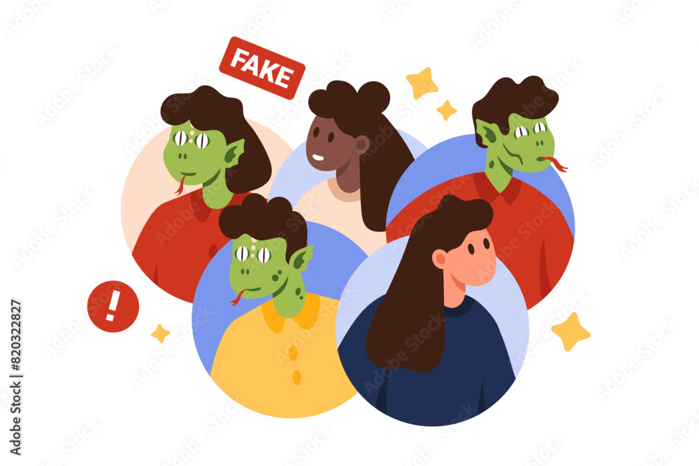 Reptilians among people conspiracy theory, fake disinformation. Round ...