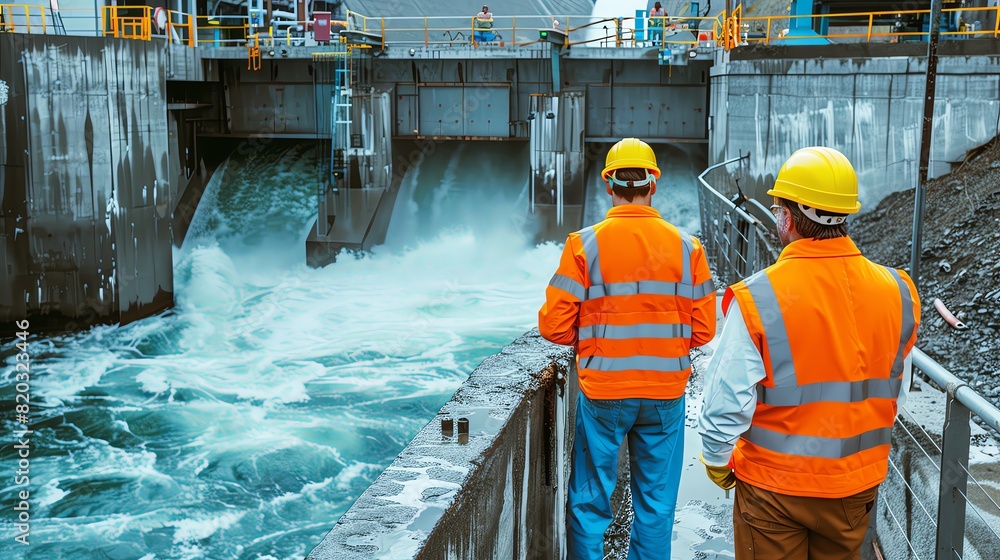 Two engineers in orange safety vests and yellow helmets standing at the ...