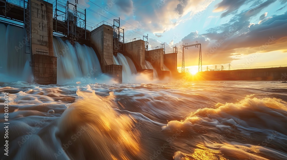 Water dam with high water flow at sunset. innovative power plant on the ...