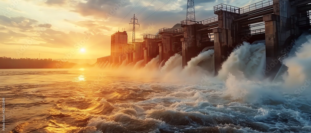 Water dam with high water flow at sunset. energetic and powerful scene ...