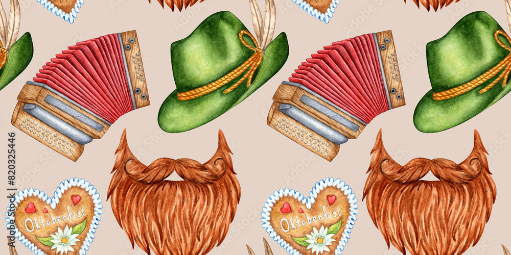 Oktoberfest pattern of watercolor illustrations with hat, beard ...