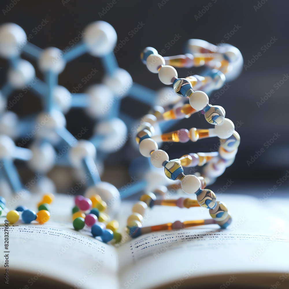 Colorful DNA model structures on an open book, focused on molecular ...