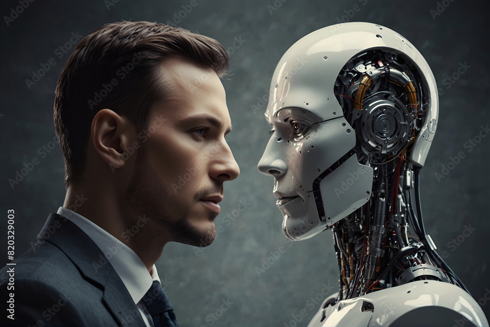 Human vs Artificial Intelligence Concept. Human Businessman and Robot ...