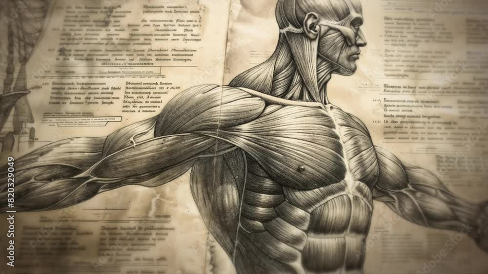 Muscles of the human body depicted in a drawing of a person with arms ...
