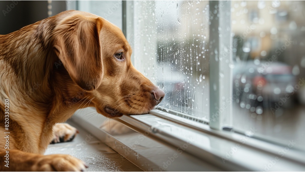 Bored dog with head on window sill while looking at the rain outside ...