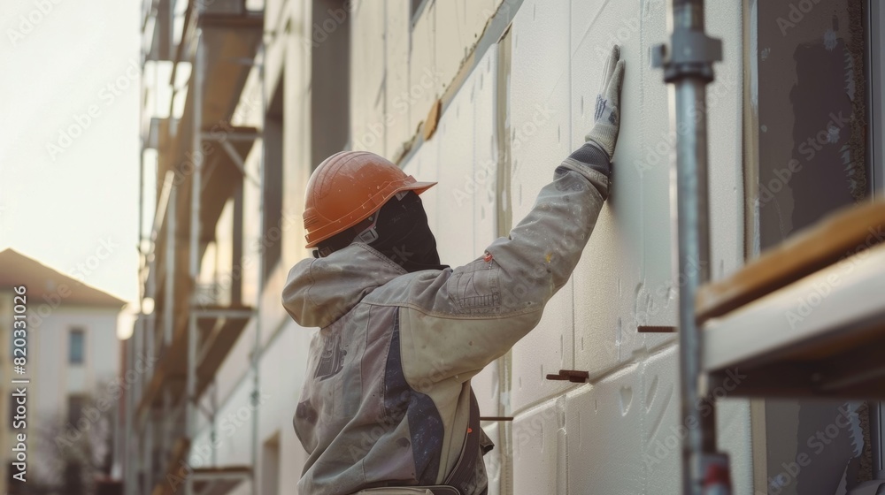 On a construction site developers carefully place foam panels around ...