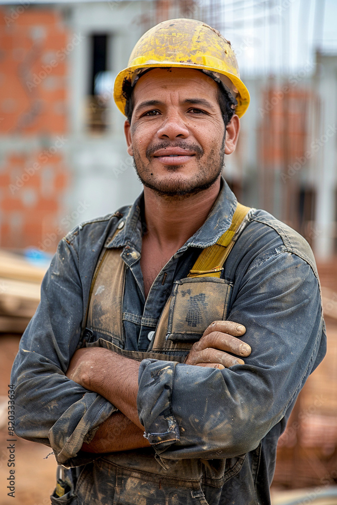 Standard Brazilian bricklayer in front of a construction site with his ...