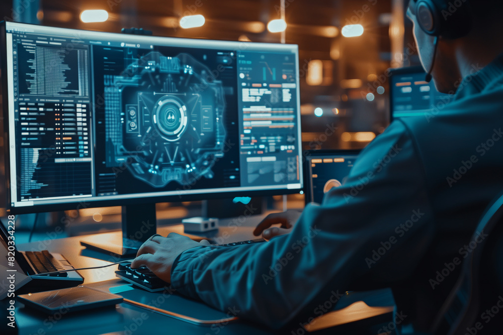 Cyber security concept. Man using computer with system hacked alert due ...