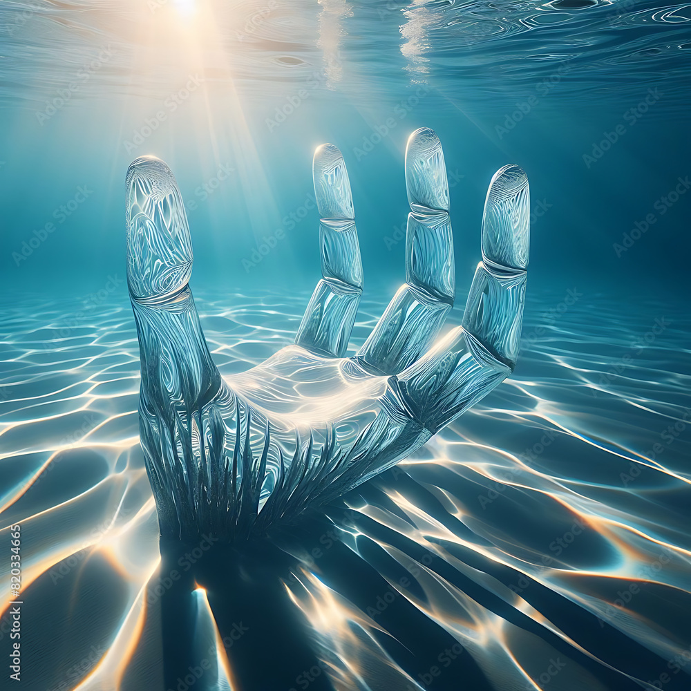 A metallic hand reaching out of the water, grasping for help ...