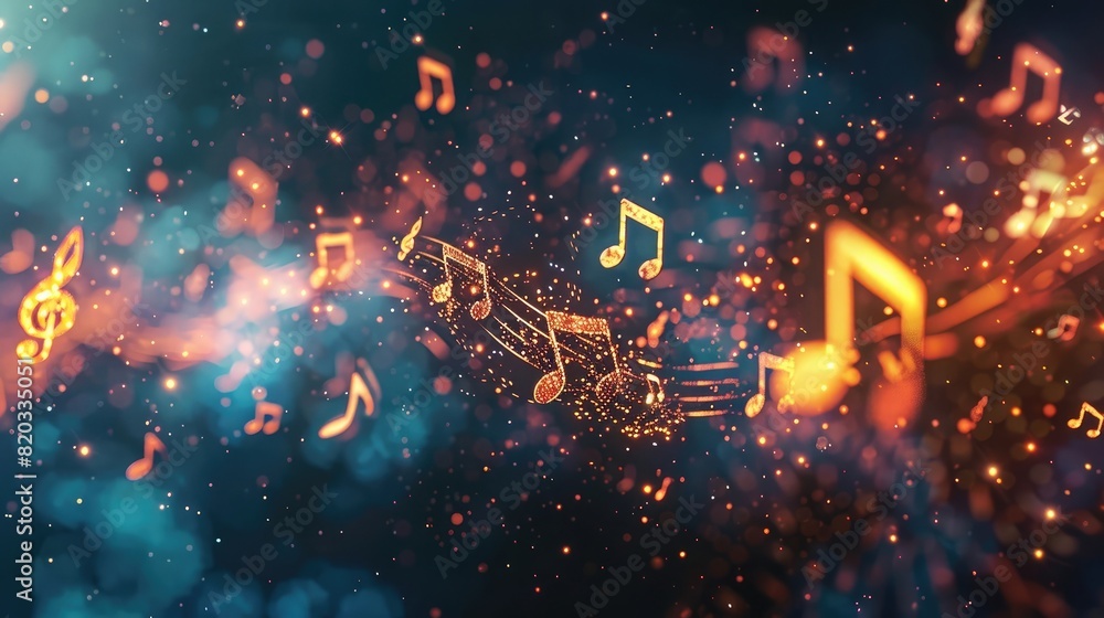 A flowing trail of musical notes and symbols, all glowing and ...