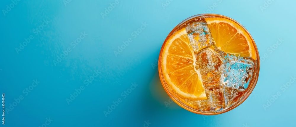 A fizzy orange soda with ice cubes and a slice of orange in a tall ...
