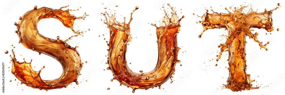 Letters S, T, U. Cola Soda Alphabet on White Background with Splash ...