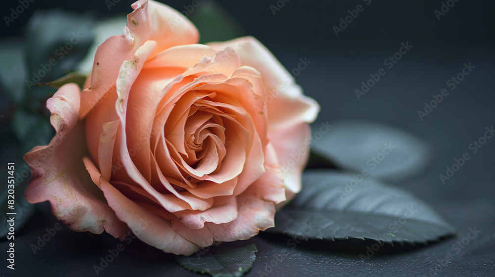 Close-up of a beautiful peach rose with dark leaves Stunning close-up ...