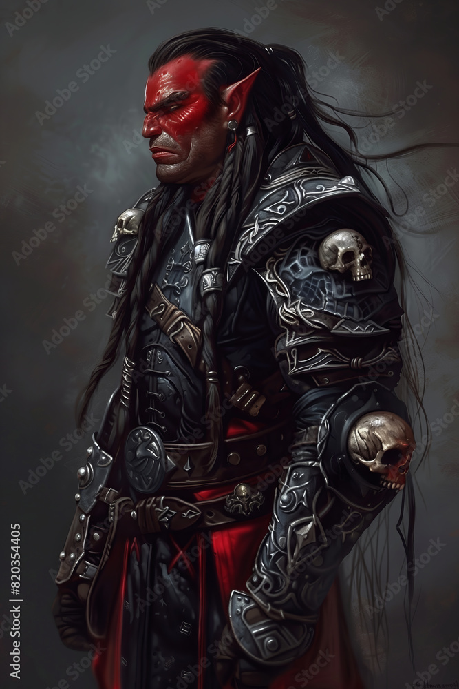 Portrait of a half elf half orc warrior with red painted face and ...