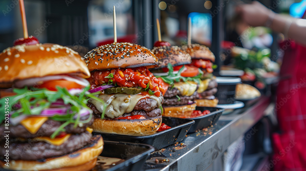 Tray of burgers fast food A group of men gathered around a DIY burger ...