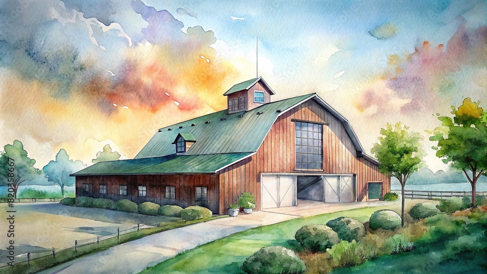 A modern barn on a smart farm, blending traditional architecture with ...