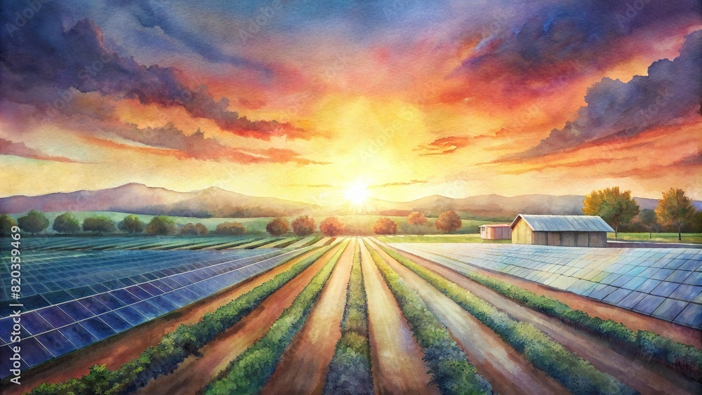 A stunning sunset over a smart farm, with rows of vibrant crops and ...