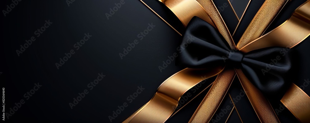 Elegant black and gold gift box with ribbon and bow on a dark ...