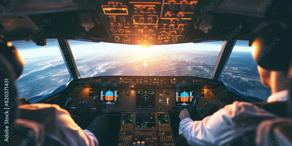 Confident professional pilot flying aircraft while sitting at plane ...