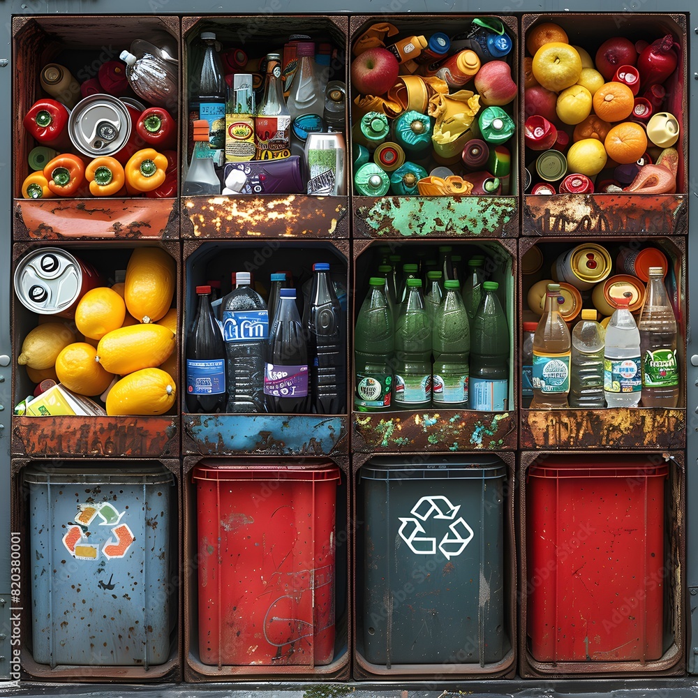 Recycling bins with various compartments for sorting different types of ...