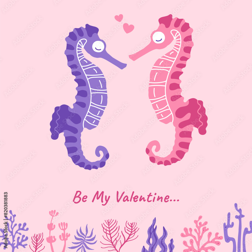 St. Valentines Day greeting card with sea horse. Ocean animal couple of ...