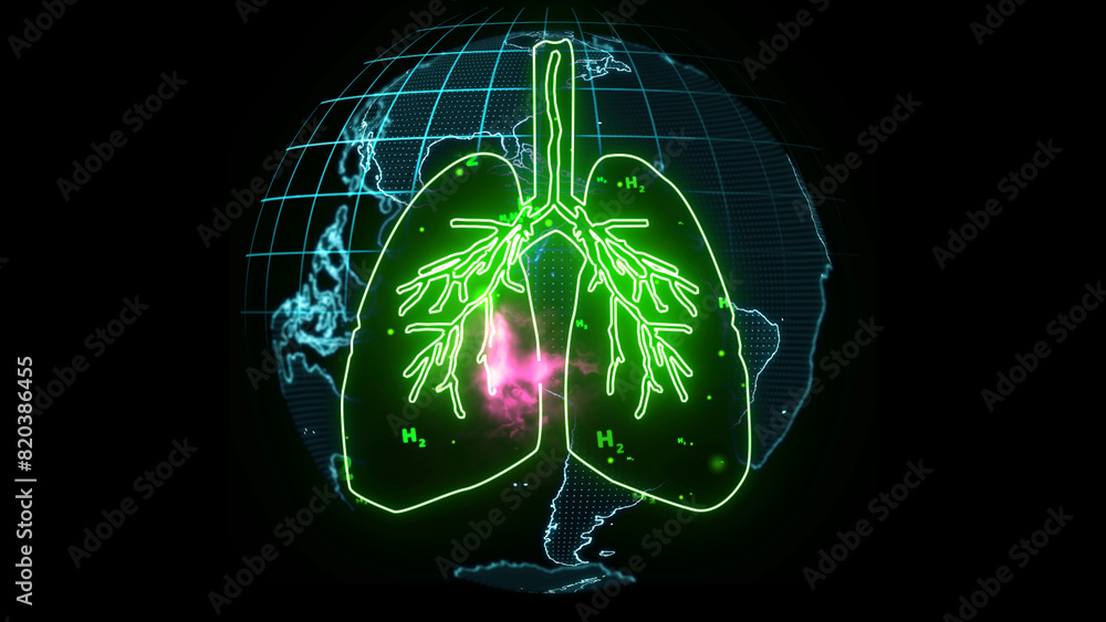 lung green digital animation and blood vessel with pink energy flow ...