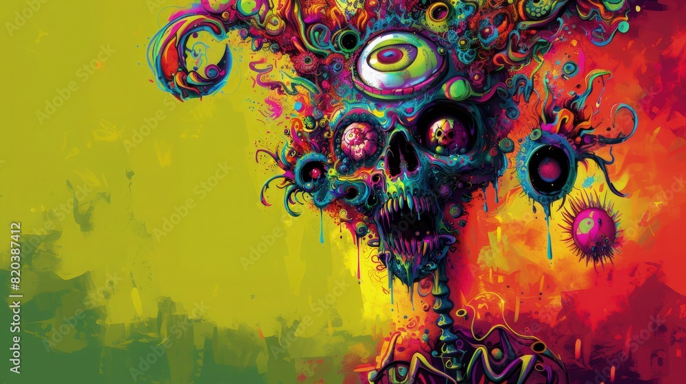 Colorful monster heads frazzled with hearts and eyes, in surrealism ...