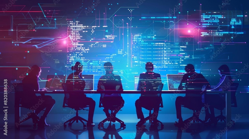 Software development side view illustrating team collaboration and project management cybernetic ...