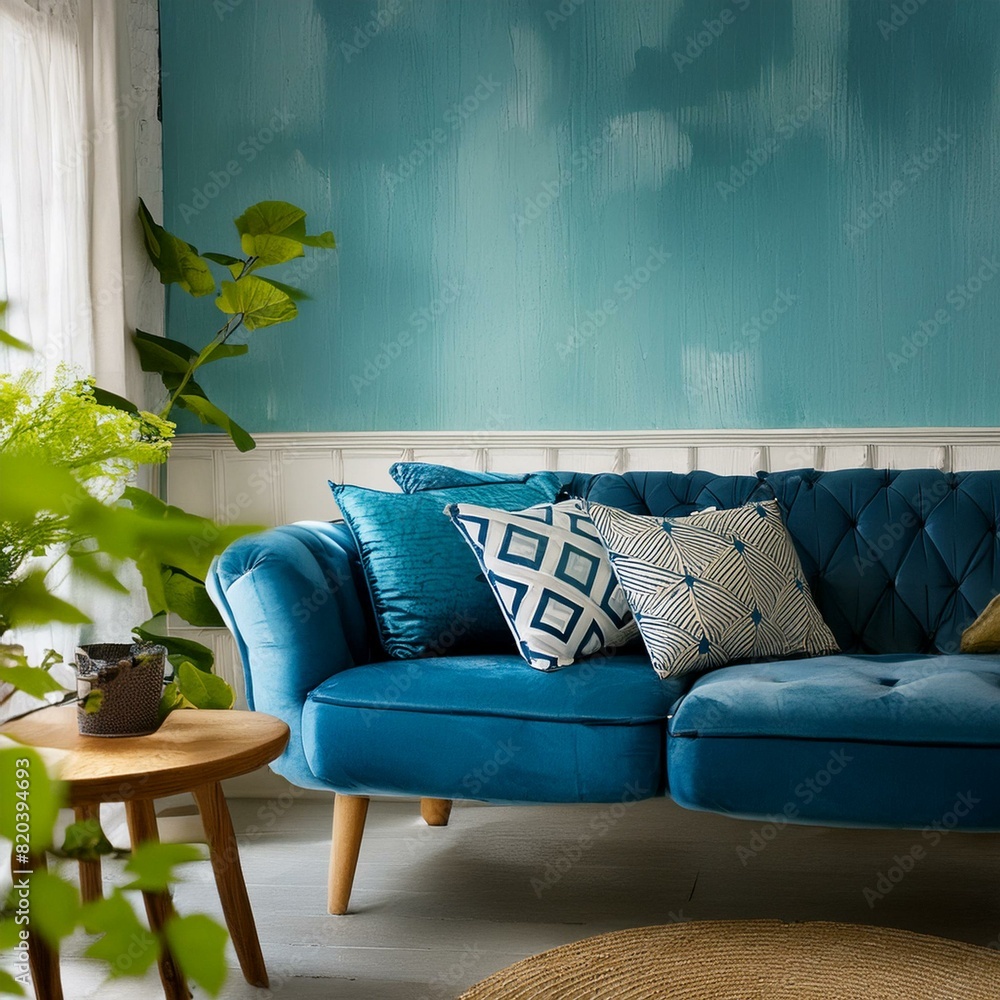 **modern blue and white Hamptons style lounge room, modern velvet sofa ...