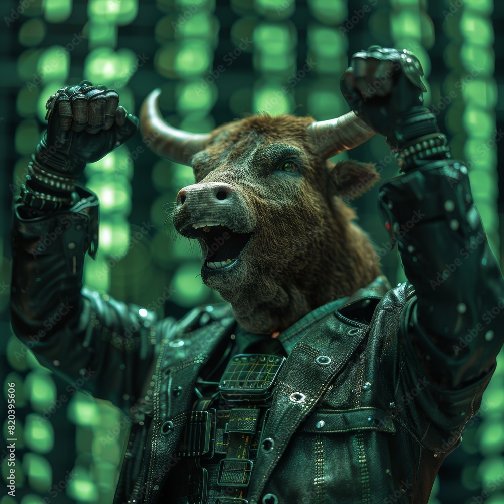 Elated Bull Wearing Suit Joyfully Raising Arms in Winning Pose ...