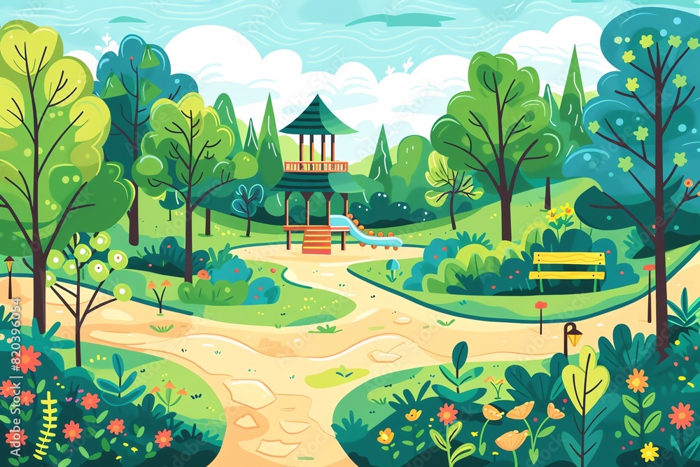 Park exploration flat design side view discovery theme cartoon drawing ...