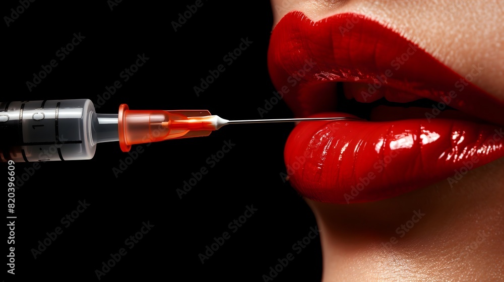 Cropped sensual female lips, procedure lip augmentation. Syringe near ...