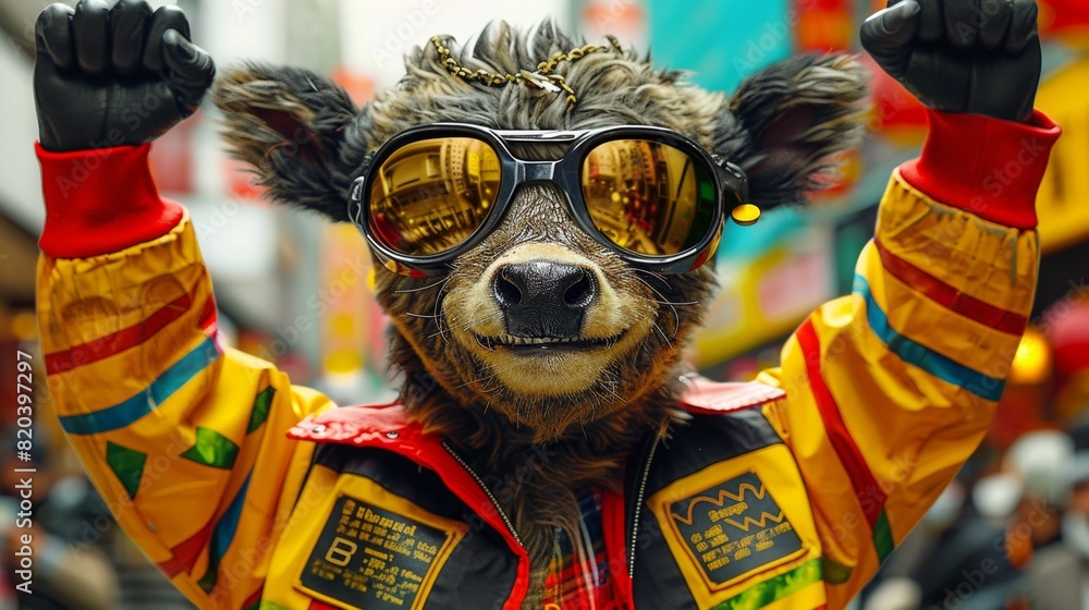 Stylish and Animated Bull in Suit Joyfully Raising Arms in Winning Pose ...