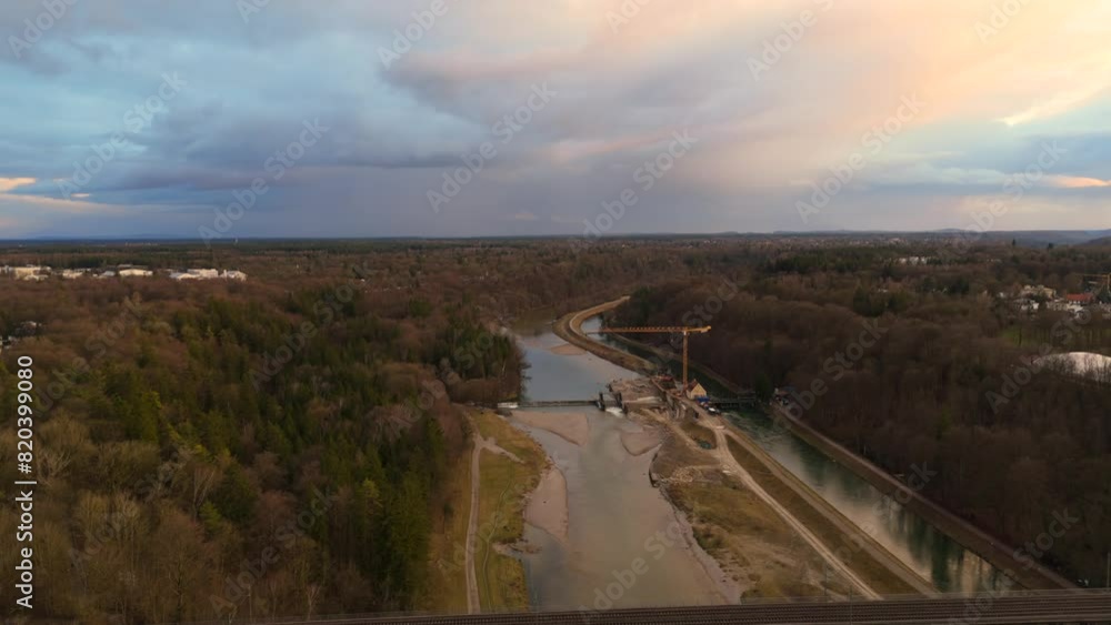 Grosshesseloher Brucke on Isar River in Munich, Germany aerial view ...